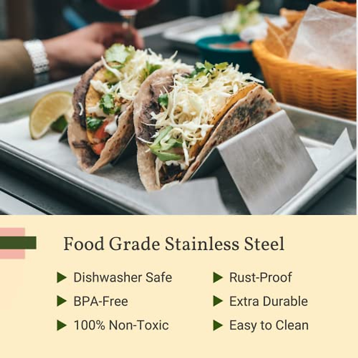 Pack of 4 - Stainless Steel Taco Holder Stand - Truck Tray Style - Each Rack Holds Up to 3 Tacos - Oven, Grill & Dishwasher Safe - Size 8" x 4" x 2"