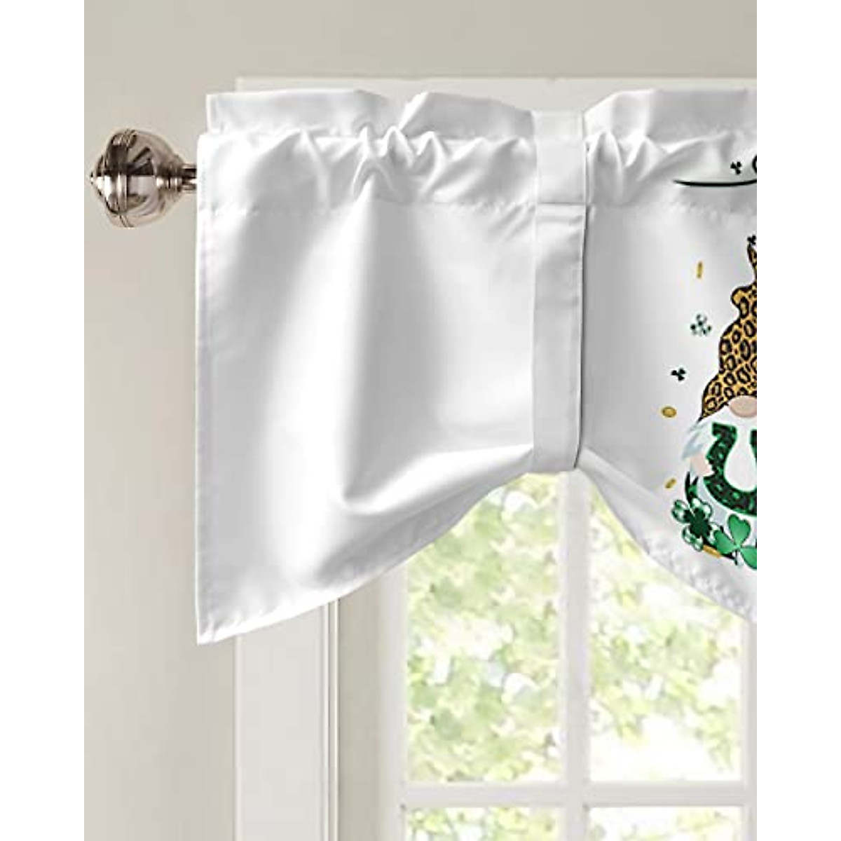 Semi-Sheer Kitchen Valances for Windows, Adjustable Tie Up Valances Curtains Light Filtering, St Patrick's Day White Background Shamrock Gnomes and Gold Coin Elegant Window Toppers Valances 42x18in