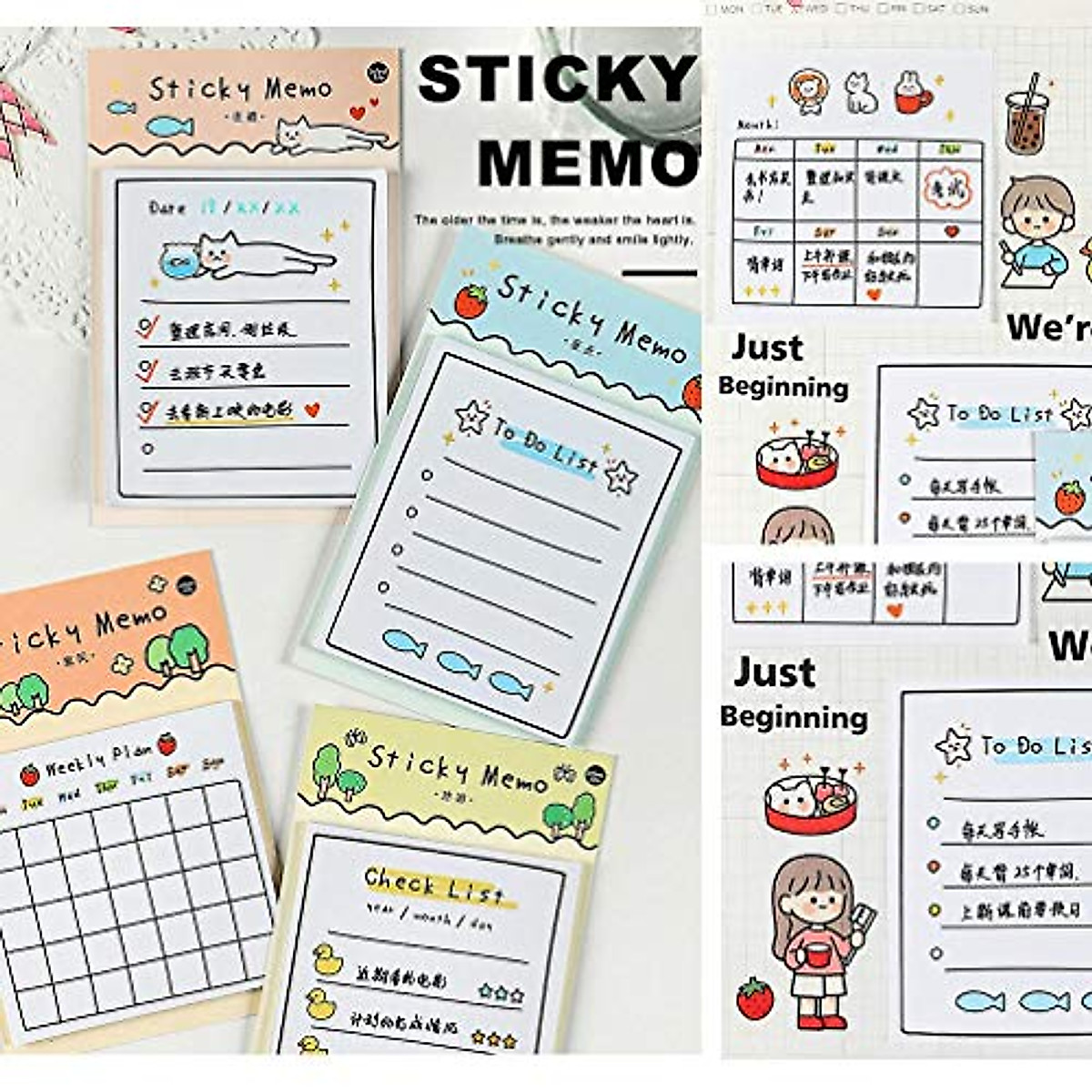 DzdzCrafts Cat Weekly Daily Monthly Planner Check List 6-Packs 180 Sheets 3.4" x 5.2" Sticky Notes Notepads Self-Stick Memo Pads