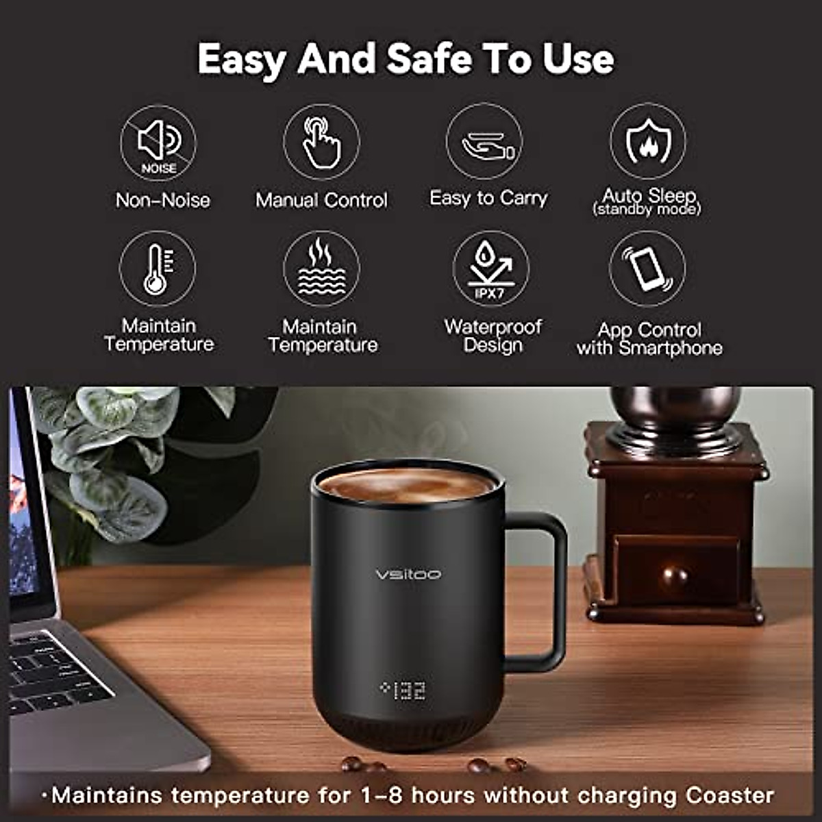 vsitoo S3 Temperature Control Smart Mug 2 with Lid, Self Heating Coffee Mug 10 oz, LED Display, 90 Min Battery Life - App&Manual Controlled Heated Coffee Mug - Improved Design, Coffee Gifts, Black