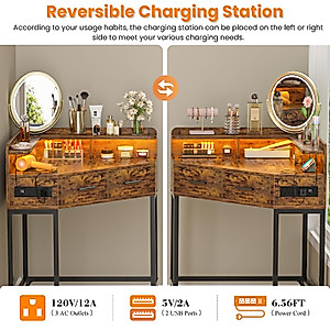 Cyclysio Corner Vanity Desk Without Mirror, Makeup Vanity Table with Lights & Power Outlets, Small Corner Vanity with Drawers for Bedroom,Small Spaces, Brown