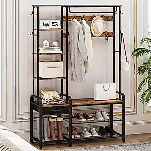 Hzuaneri Hall Tree, Coat Rack with 3-Tier Storage Bench and 1 Drawer, 5-in-1 Entryway Bench with 17 Hooks, 1 Hanging Rod, 4-Tier Side Shelves, Rustic Brown HT03501B