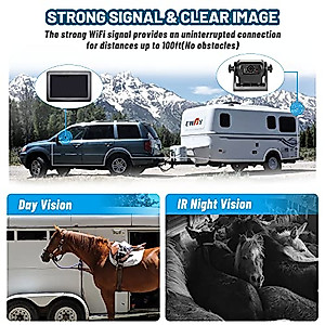 EWAY Wireless WiFi Magnetic Hitch Backup Camera 5'' LCD Monitor Display for Gooseneck Horse RV Trailer Truck Camper Rear View Reverse Camera Portable W/ IR Night Vision Battery Powered 2.0 Generation