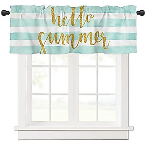 Laibao Kitchen Valance Curtain Hello Summer Gold Round Spots on Blue and White Stripes Rod Pocket Tier Curtain for Cafe Bathroom Semi-Sheer Window Treatment Valance for Bedroom Small Windows 54x18in