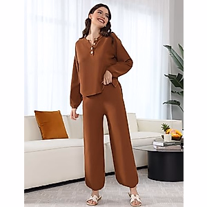 Jawmeu Sweater Sets Women 2 Piece Outfits Cozy Long Sleeve Knit Sweater Top Wide Leg Pants Lounge Sets(Caramel02-XL)