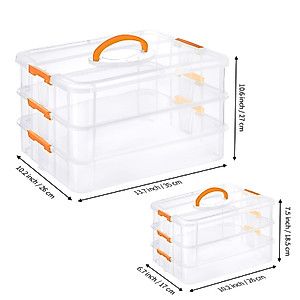 6 PACK 2 Sizes 3-Tier Plastic Storage Containers with Lids, Handled Art Supply Craft Organizer Storage Box for Organizing Craft, Stationery, Sewing, Art Craft, Jewelry and Beauty Supplies (Orange)