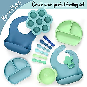 PrimaStella Unbreakable Silicone Non-Slip Bowl and Chew Spoon Set for Babies and Toddlers (Slate Blue)