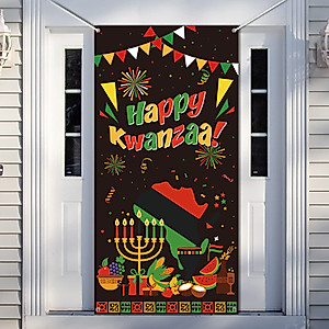 Kwanzaa Decoration Happy Kwanzaa Door Cover Kwanzaa Party Hanging Banner Kwanzaa Backdrop Indoor Outdoor African American Holiday Festival Decor for Kwanzaa Home Office Supplies, 70 x 35 Inches