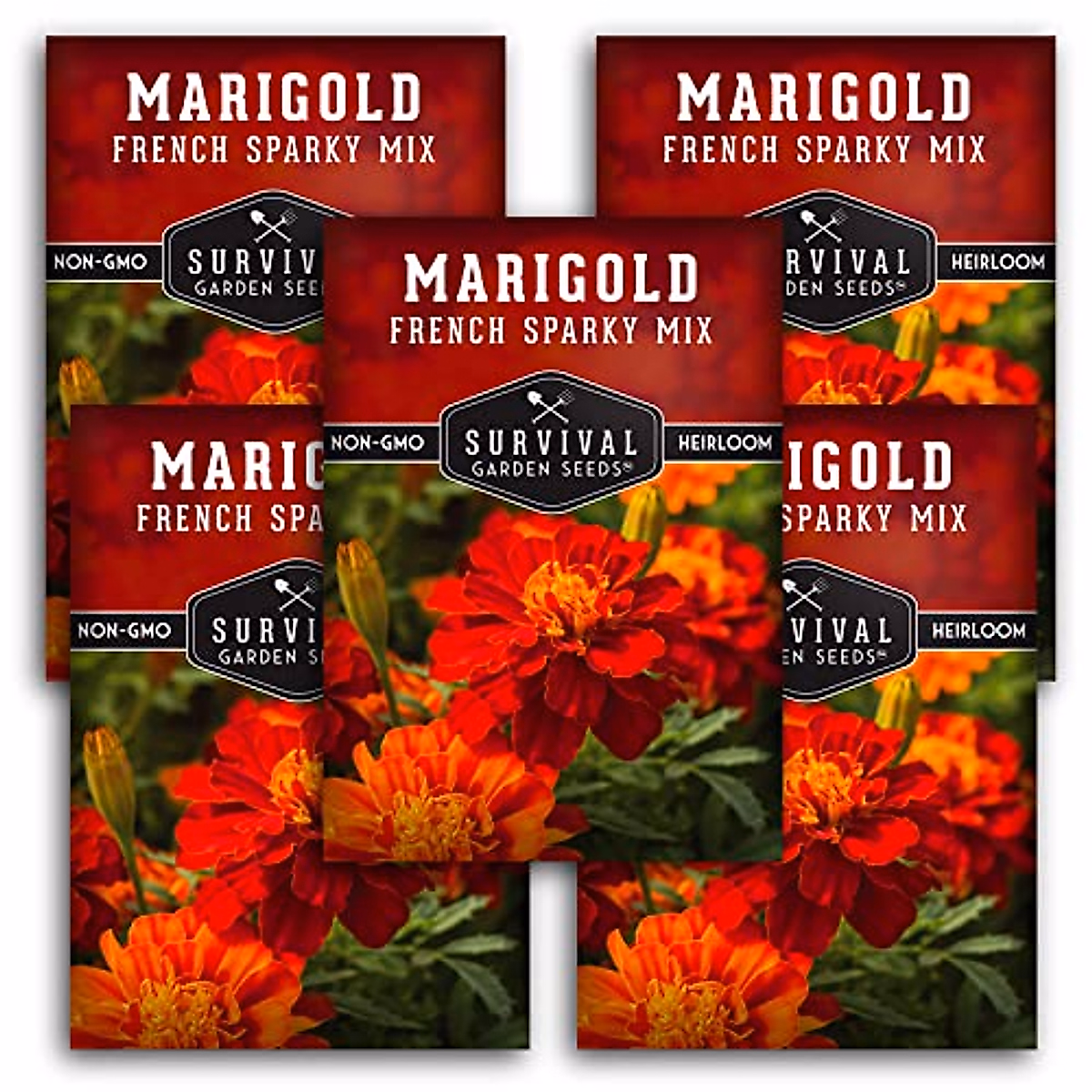Survival Garden Seeds - French Sparky Marigold Seed for Planting - 5 Packs with Instructions to Plant and Grow Large Tagetes Patula Flowers in Your Home Vegetable Garden - Non-GMO Heirloom Variety