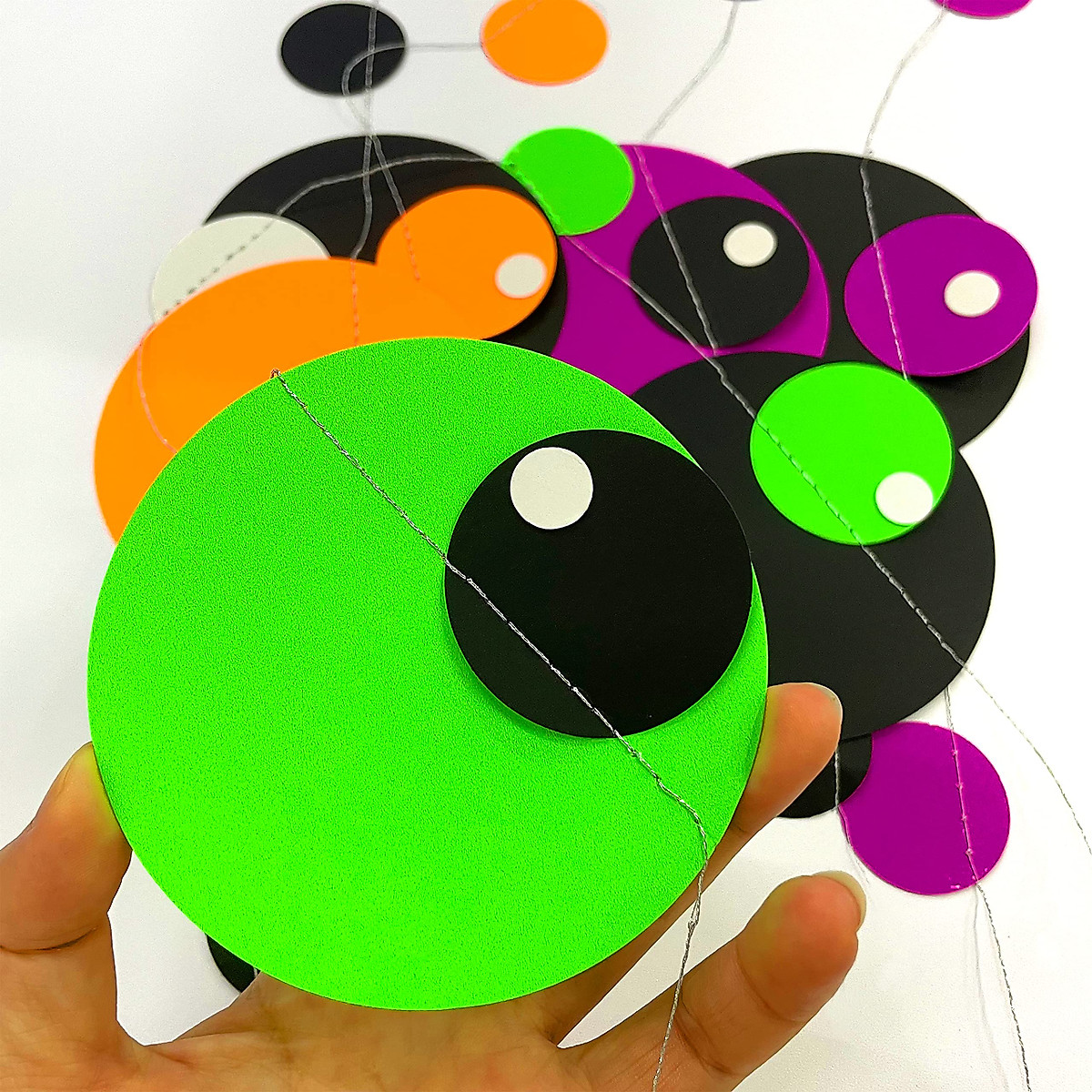 Halloween Eyeballs Garland Decorations Orange Purple Black Green Neon Paper Bunting Banner Streamers Black Light Circle Dots Hanging Decorations for Halloween All Hallows Eve Birthday Party Supplies