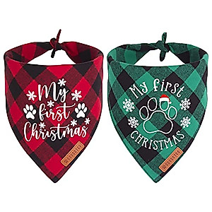 ADOGGYGO Christmas Dog Bandanas 2 Pack, Classic Plaid Xmas Pet Scarf, Premium Cotton Fabric, Multiple Sizes Offered, Dog First Christmas Bandanas for Medium Large Dogs Pets (Large, Style 1)
