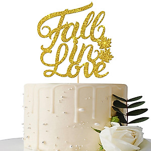 Gold Glitter Fall in Love Cake Topper - Fall Themed Wedding/Wedding Anniversary/Bridal Shower Party Decorations