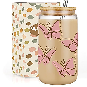 GSPY Butterfly Iced Coffee Cup, Cute Glass Cups with Lids and Straws - Butterfly Gifts for Women, Girls - Mothers Day Gifts for Friend, Cute Mugs Aesthetic Coffee Cup, Butterfly Mug Tumbler