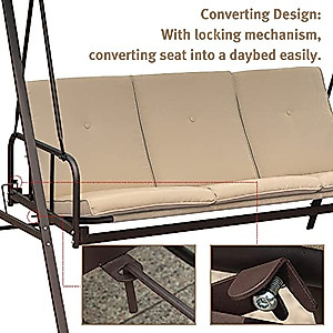 Aoodor 2 in 1 Patio Porch Swing Bed Olefin Fabric Fade Resistant Outdoor Converting Adjustable Canopy, Weather Resistant Glider with Removable 3 Seater - Brown