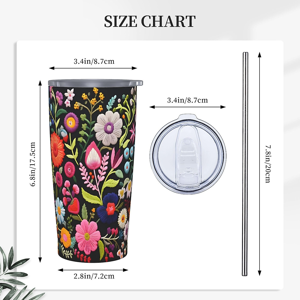 AYCZN Embroidered Flower Insulated Tumbler with Lid and Straw, Spring Floral Stainless Steel Coffee Mug 20oz Water Bottle Leakproof Travel Thermal Cup