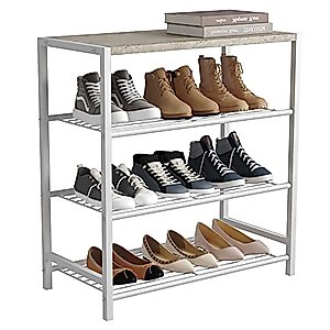 COZYFUN Industrial Shoe Rack 4-Tier Metal Shoe Storage Organizer, Shoe Storage Shelves with Stable Metal Frame, Small Shoe Organizer Shelf for Hallway, Closet, Entryway, Living Room (White)