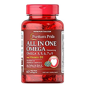 Puritans Pride All in One Omega 3, 5, 6, 7 and 9 with Vitamin D3, 60 Count(Pack of 1)