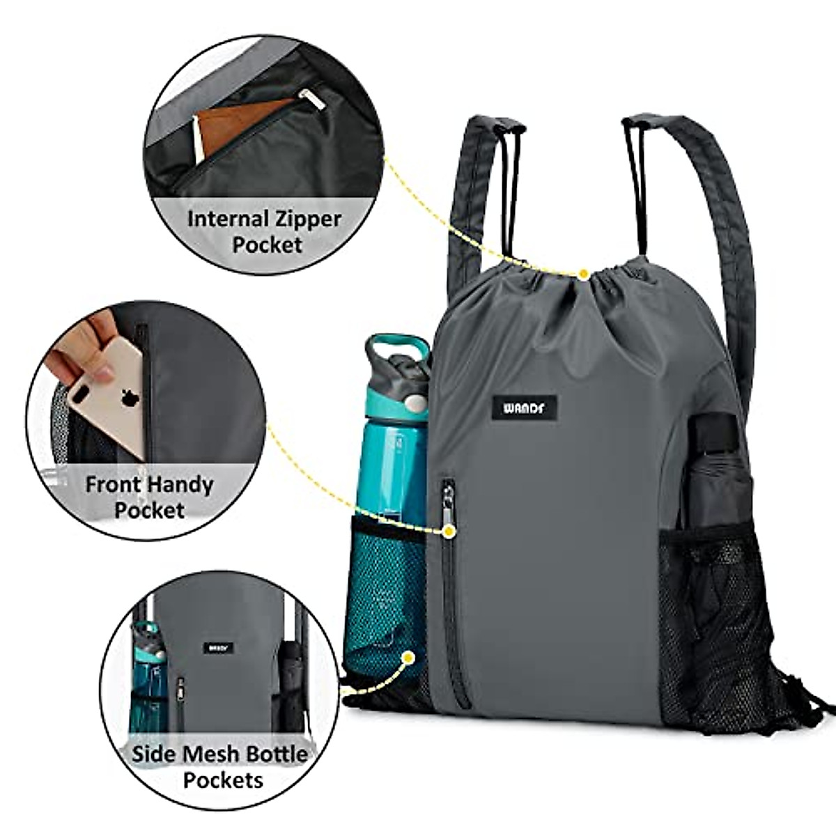 WANDF Drawstring Backpack with Shoulder Pad Sports Gym Backpack with Mesh Pocket String Bag for Women Men(Grey)