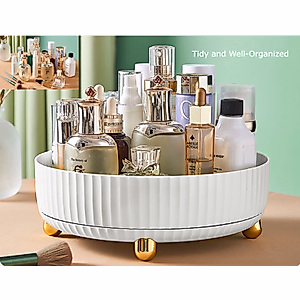Hibekol 360° Makeup Organizer - 8.66" Diameter Spinning Skincare Perfumes Organizer - Cosmetics Organizer for Vanity Countertop and Bathroom Dresser - Lazy Susan Storage Box (White)