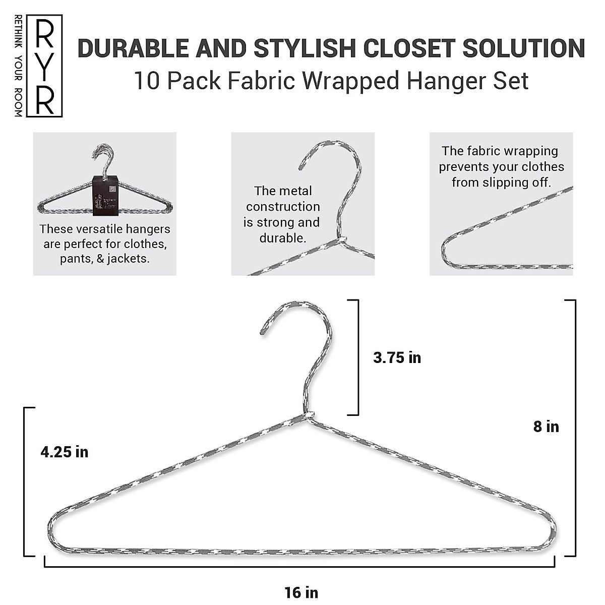 Rethink Your Room 30 Pack of Fabric Wrapped Metal Hangers - Durable and Stylish Closet Solution - Home Essentials - Soft Touch for Your Clothes - Warsaw Grey/White