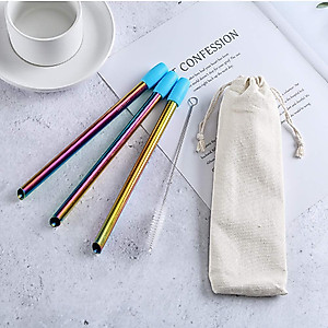 3 Pcs Reusable Boba Straws & Smoothie Straws, 0.5" Wide Stainless Steel Straws, Angled Tips Metal Straws for Bubble Tea, Milkshakes, Smoothies with Cleanning Brush & Case (Rainbow)