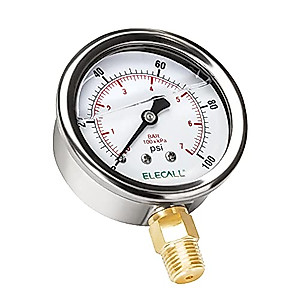 ELECALL 100psi Silicone Oil Filled Pressure Gauge for Water Oil Air Pressure Test in Pool Pump Sand Filter Air Compressor Water System, 2-1/2" Stainless Steel Case, Lower Mount 1/4"NPT