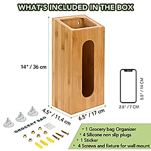 Grocery Bag Dispenser Plastic Bag Holders for Grocery Bags - Bamboo Trash Bag Dispenser, Can Hold 50-60 Used Shopping Bags -Grocery Bag Storage Organizer for Kitchen - Large Opening & Slot - 5"x7"x15”