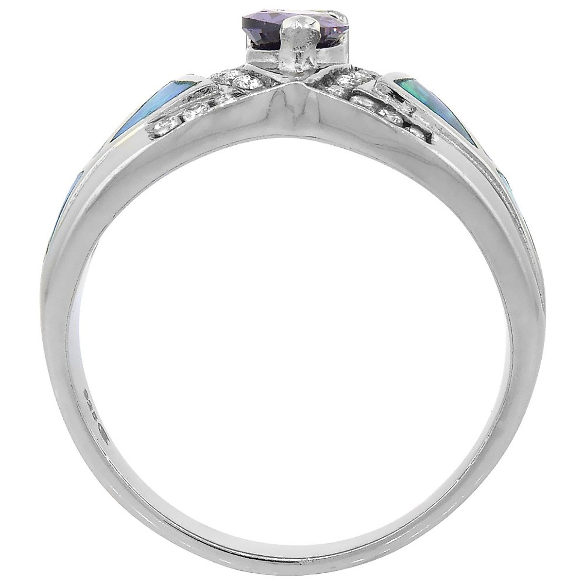 Sterling Silver Blue Synthetic Opal Teardrop Ring for Women White & Amethyst CZ 1/2 inch size 7