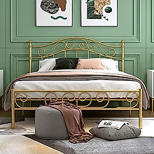IOTXY King Metal Bed Frame - Gold 12 Inches Complete Bed Platform with Curved Tall Headboard and Shorted Footboard, King-Size Mattress Base Foundation, Garden Style