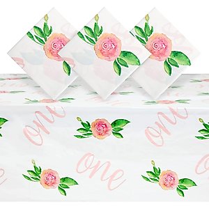 Juvale 3 Pack One Tablecloth for Girls Floral 1st Birthday Themed Party Decorations, Plastic Table Covers (54 x 108 in)
