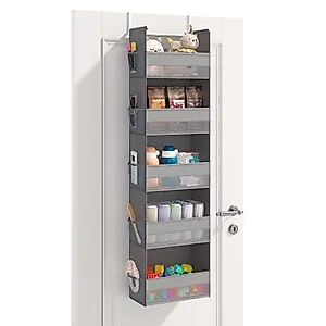 Fixwal Over The Door Hanging Organizer 5 Shelf Bathroom Organizers and Storage with 2 Large Metal Hooks and 12 Pockets for Bedroom, Living Room, Baby Nursery, Bathroom, Kitchen (Grey)