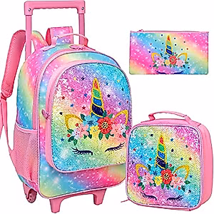 4PCS Rolling Backpack for Girls,Kids Unicorn Bookbag with Roller Wheels, Suitcase School Bag Set for Toddler Elementary