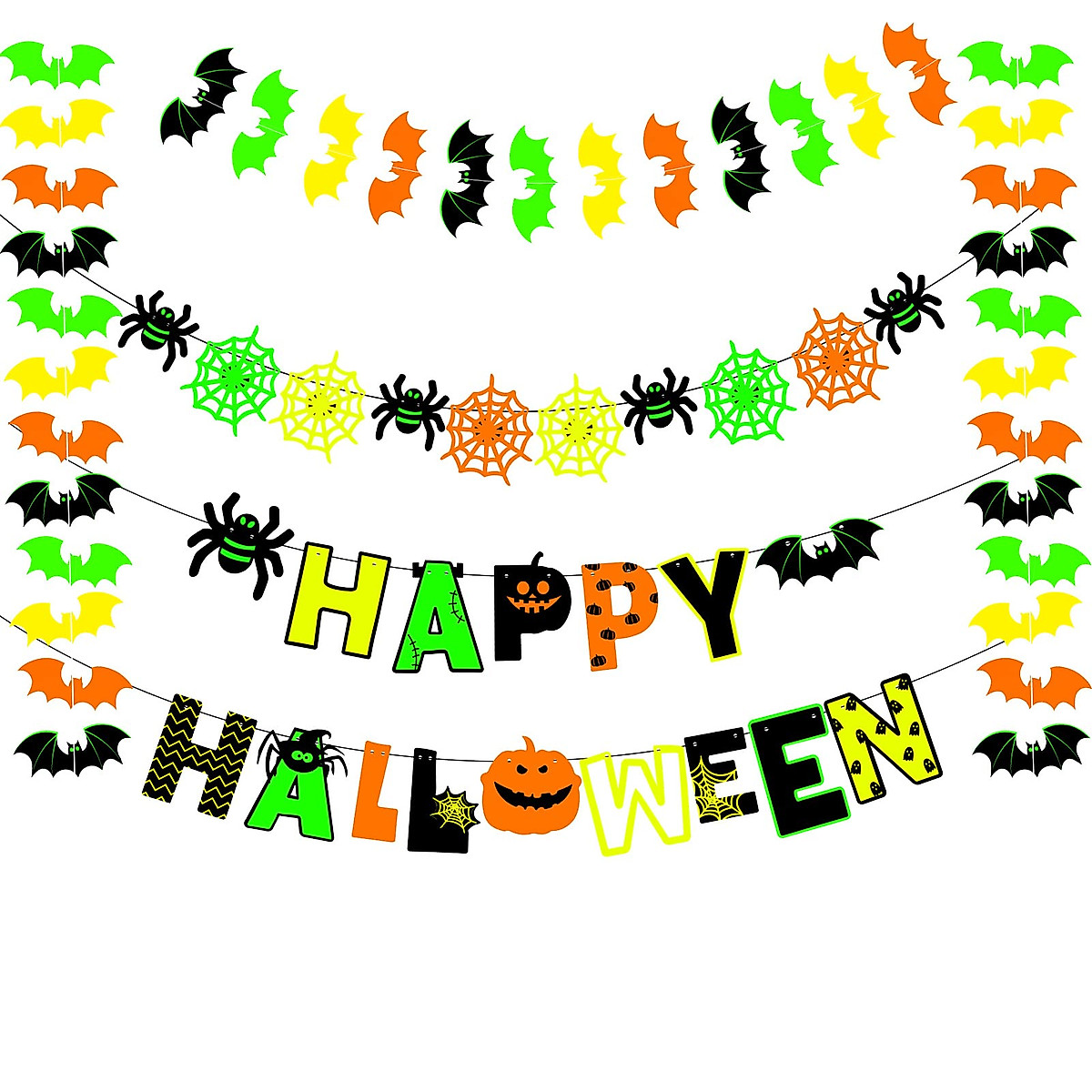 Halloween Party Decoration Garland, Fluorescence Happy Halloween Banner, Green Orange Bat Spider Web Garland Streamers Glow in the Dark Hallows Eve Favors, Halloween Bunting Banner Home Wall Decor