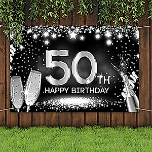 Happy 50th Birthday Banner Backdrop Silver and Black Champagne Glasses 50 Years Old Background Bday Decorations for Women Men Her Him Photography Party Supplies Glitter