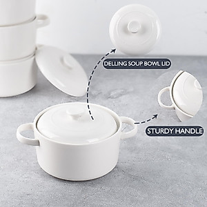 DELLING 28 Oz Soup Bowls with Handles and Lids, Large French Onion Soup Bowls, Ceramic Soup Crocks for French Onion, Oven Safe Bowls for Chili, Beef Stew, Cereal, Pot Pies, Bowls Set of 4, White