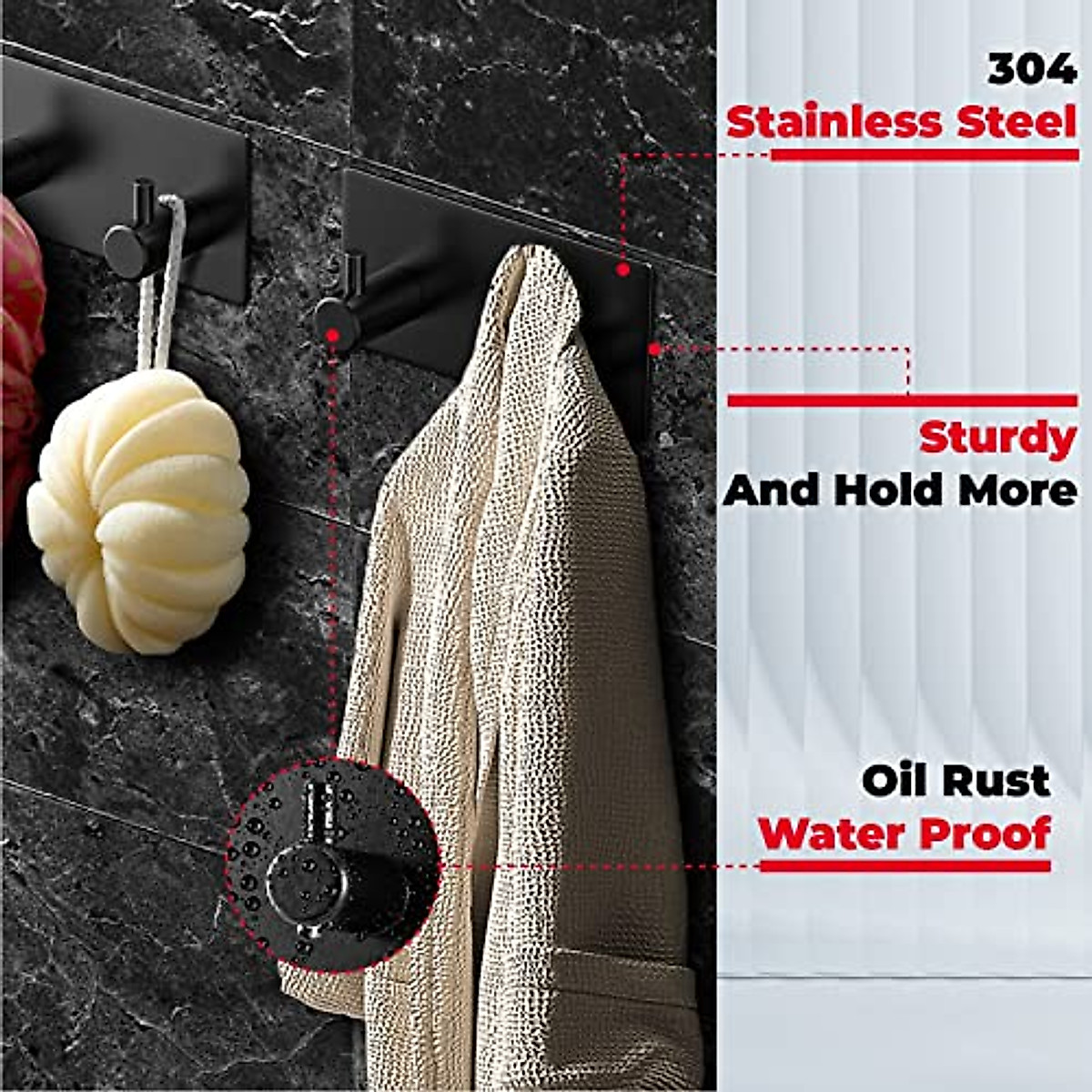 ARIOSOX 2-Packs Heavy Duty Adhesive Hooks, Stainless Steel Robe Hooks for Towels, Shower Cap and Towel Robe, Closet Hook Wall Mount for Home, Kitchen, RV,Bathroom,Office (Black)