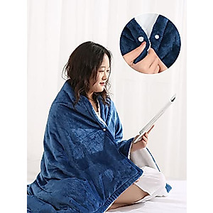 Electric Blanket 50" x 60" Heated Throw Flannel & Sherpa Fast Heating Blanket with 6 Heating Levels & 5 Hours Auto Off, Home Office Use, Blue & White
