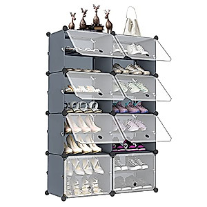 UNZIPE Shoe Rack for Entryway, 8 Cube 16-Tier Shoe Storage Cabinet 32 Pairs Plastic Freestanding Shoe Organizer DIY for Entryway Hallway Closet or Bedroom, Dark Grey