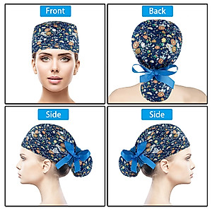 Scrub Caps Women Bouffant Scrub Hats Caps Nurses, Adjustable Working Cap Ponytail Pouch Tie Back Hats