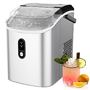 Kndko Nugget Ice Maker Countertop,33lbs/Day, Pellet ice Maker,a Basket in 1.5 Hour, Self-Cleaning, One-Click Design, Compact Crushed Ice Maker with Chewy Ice for Home Bar Party，Silver