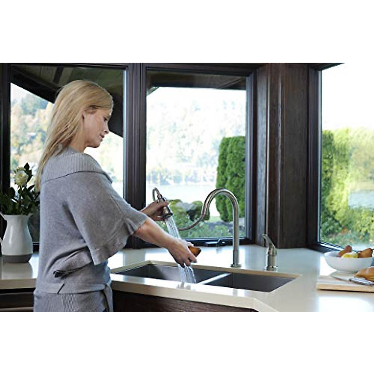 Pacific Bay Grandview Pull-Down Kitchen Sink Faucet with Soap Dispenser (Brushed Satin Nickel)