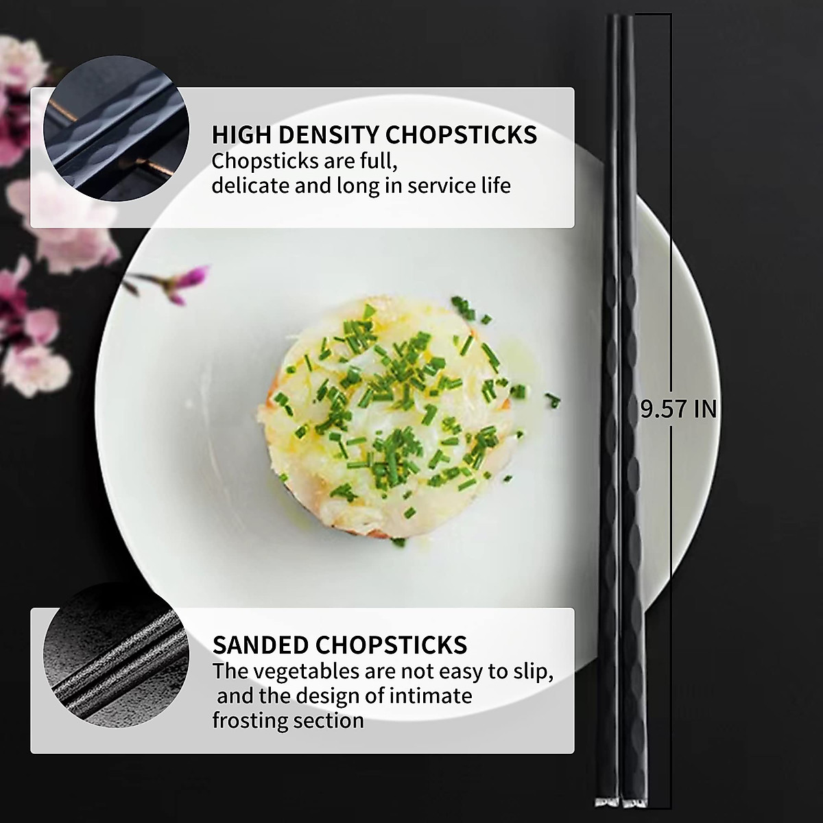 5 Pairs for Chopsticks Reusable, Fiberglass Chopsticks, Common Asian Home Gadgets, 9.56 Inch - Black, for Cooking Chopsticks, Non-Slip Lightweight and Easy to Use