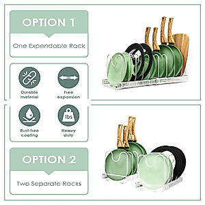 taabooh Adjustable Pot And Pan Organizer Rack - Aesthetic Pot Lid Organizer Rack - Durable Cookware Rack And Baking Pan Organizer - Expandable Horizontal Frying Pan Organizer With 10 Dividers