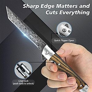 ohmonlyhoo Folding Knife, 3.5 inch Pocket Knife for Men with Wooden Handle,Tanto Knife with Stainless Steel Blade, for Men and Women