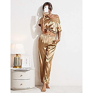 Ekouaer Womens Short Sleeve Satin Silk Pajama Set 2 Pieces Loungewear Sleepwear Long Pajama Pant Set Champagne