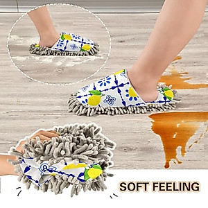 FLildon Microfiber Cleaning Slippers Talavera Tile Lemon Washable Mop Shoes Slipper for Men/Women House Floor Dust Cleaner, Size L