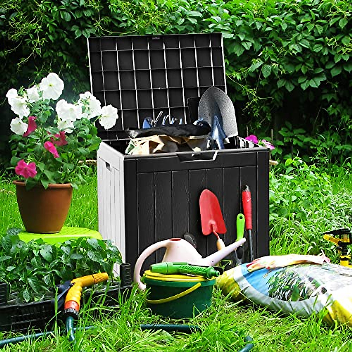 YITAHOME 30 Gallon Deck Box, Outdoor Storage Box for Patio Furniture, Pool Accessories, Cushions, Garden Tools and Outdoor, Waterproof Resin with Lockable Lid and Side Handles (Black)