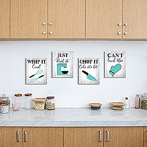 ARTINME Teal Kitchen Quotes Wall Art - Set of 4 Retro Vintage Inspirational Canvas Poster Prints Sign For Dining Room cafe and Restaurant Home Decorations