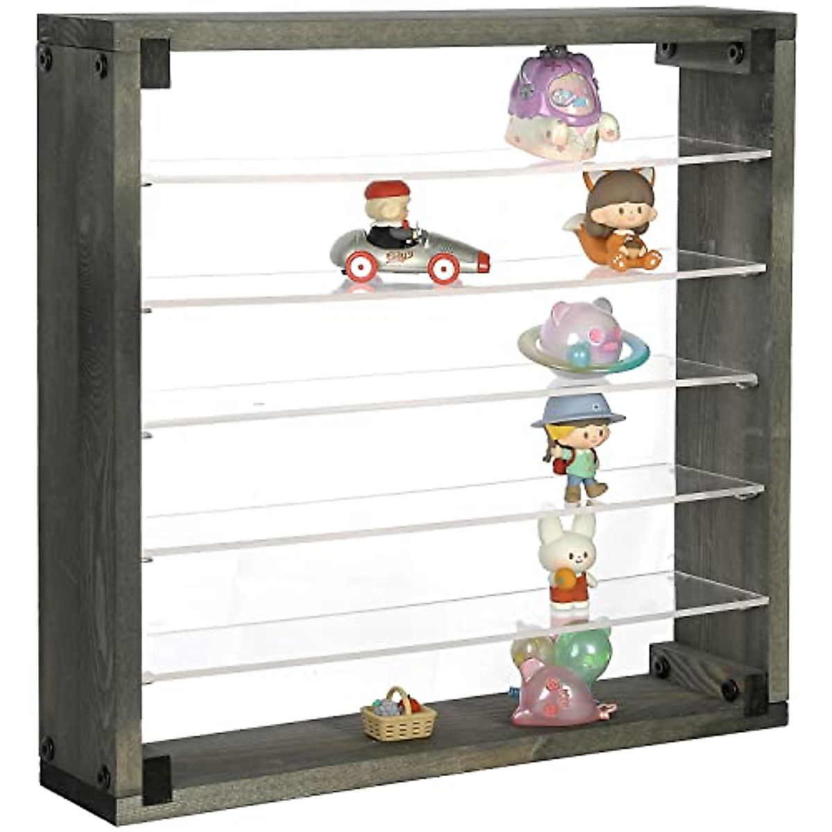 MyGift Wall Mounted Storage Rack, Vintage Gray Solid Wood and Clear Acrylic Floating Collectibles Display Shelf