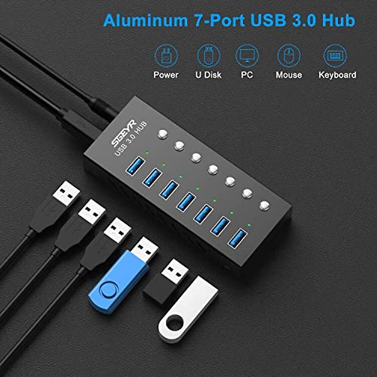 SGEYR Powered USB Hub, Aluminum USB 3.0 Data Hub Splitter 7 Ports with USB Charging Ports and Individual On/Off Switches with 12/2A(24W) Power Adapter for Laptop,HD Webcam,Printer (Light Black)